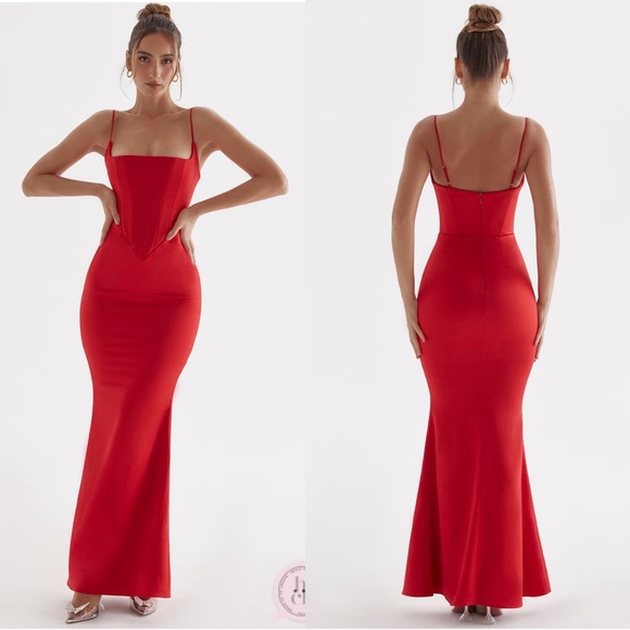 House of CB | Dresses | House Of Cb Olivette Red Rose Satin Corset Maxi ...